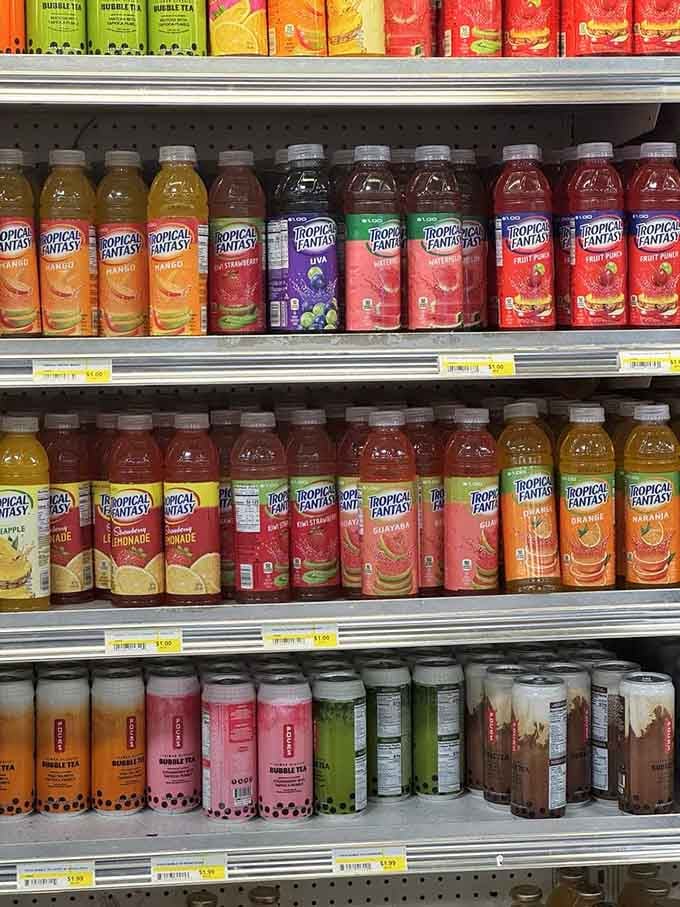 Tropical Fantasy flavors stacked shelf to shelf. Mango, guava, watermelon, and more make choosing just one nearly impossible.