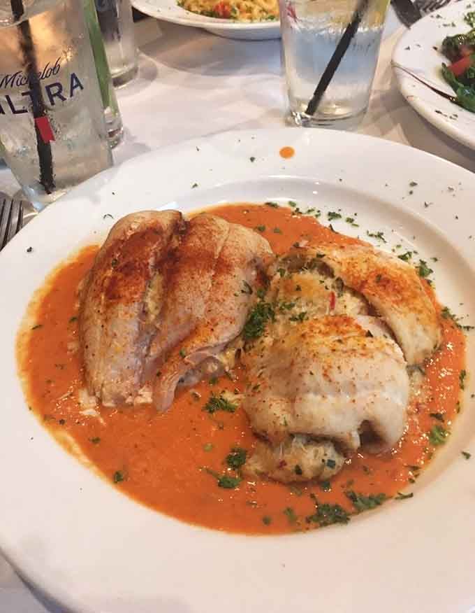 Stuffed fluke swimming in a rich tomato sauce, the kind of dish that makes you forget everything else.