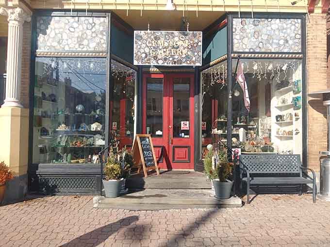 Gemstone Gallery's storefront alone stops foot traffic cold. Those agate-filled windows are nature showing off, and it's working.