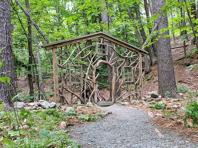 This extraordinary structure built from twisted branches looks like the forest decided to build its own front door.