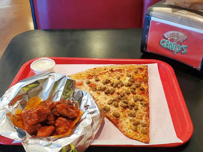 A giant slice and a basket of wings sharing one tray. Honestly, this is the teamwork we all needed.