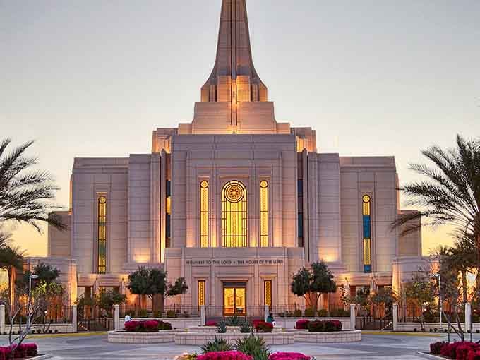 The Gilbert Arizona Temple at sunset, a sight so stunning it makes you stop and just breathe for a moment.