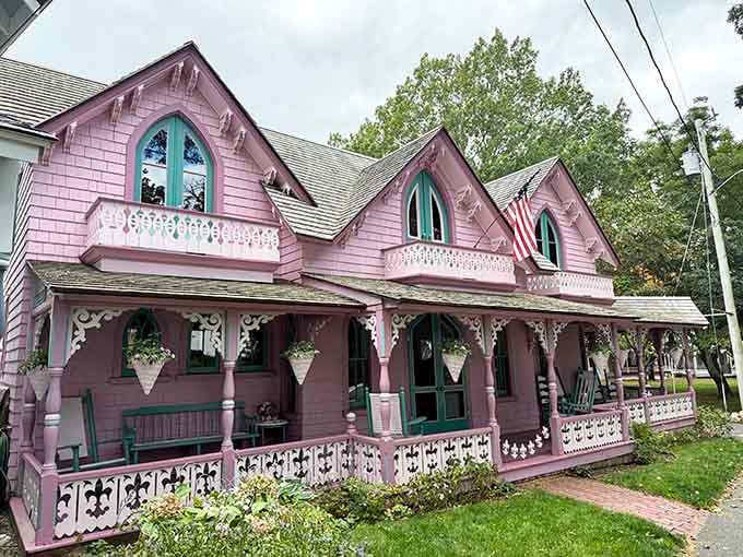 This pink cottage with its lacy white trim is what happens when Victorian craftsmanship truly lets loose.
