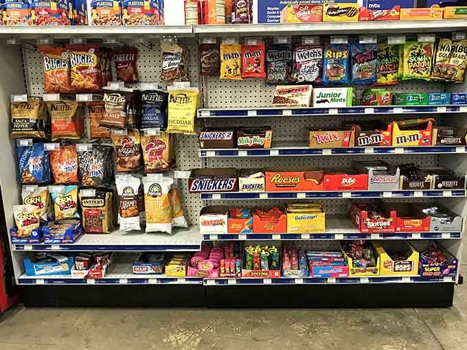 Chips, candy bars, and snacks galore, because smart shopping works up a serious appetite.