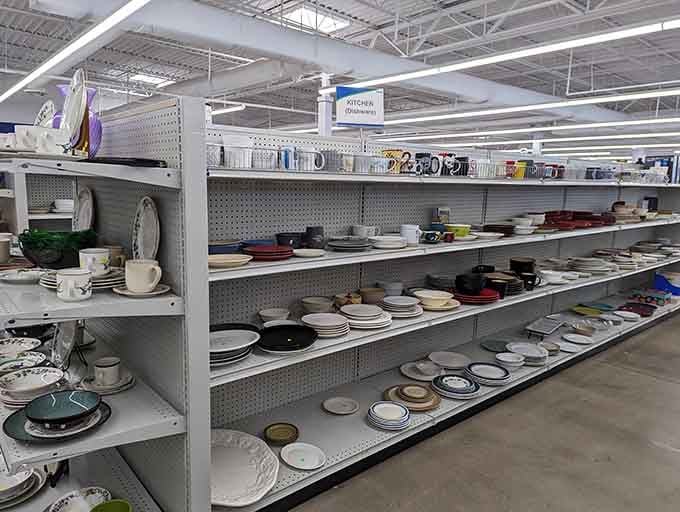 Shelves of mismatched dishes, bowls, and mugs that could outfit an entire kitchen for less than a single dinner out.
