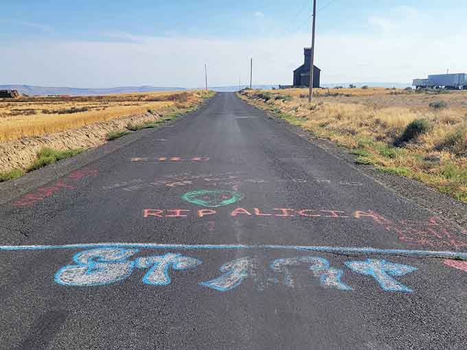 Visitors have been leaving their mark here for years. The road has become its own kind of guestbook.