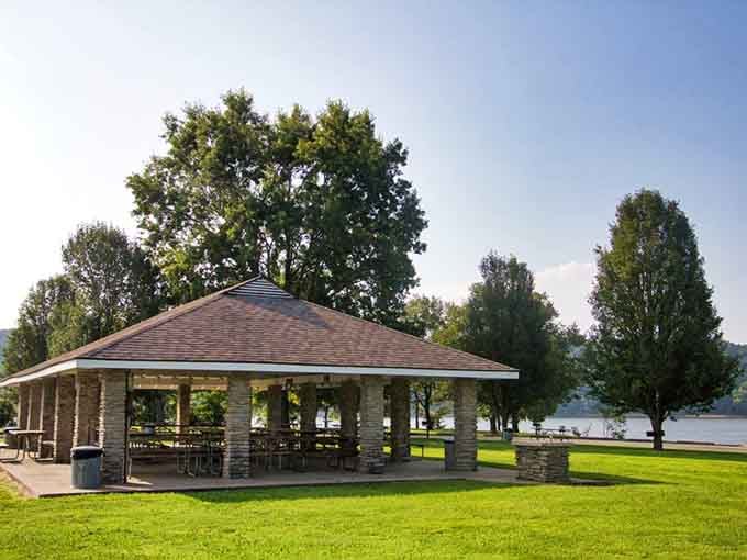 A stone pavilion with a lake view so good, your family reunion might actually become everyone's favorite annual tradition.