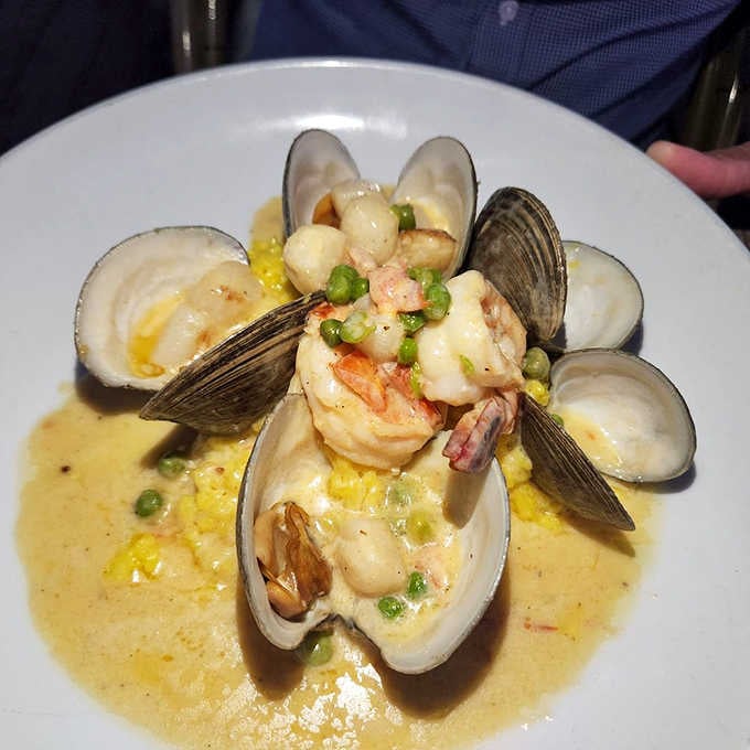 Clams fanned open like a crown around shrimp and scallops in golden sauce. Royalty has arrived at the table.