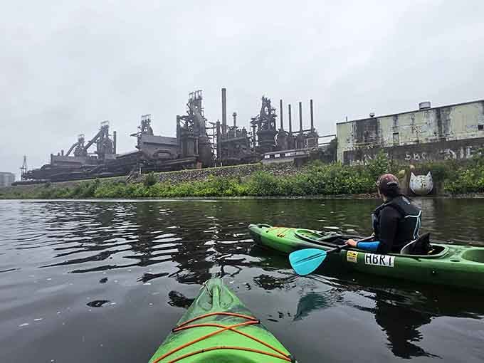 Paddling past remnants of steel-making history creates a backdrop more dramatic than any movie set could manage.