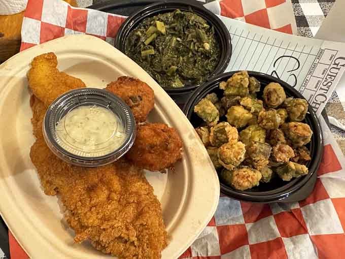 Crispy catfish, slow-cooked greens, and fried okra so good it could make a vegetable skeptic reconsider everything they believe.