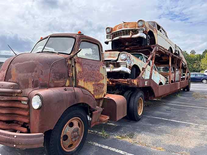 Not everything here is polished, and this weathered Chevrolet car hauler tells a raw, honest story.