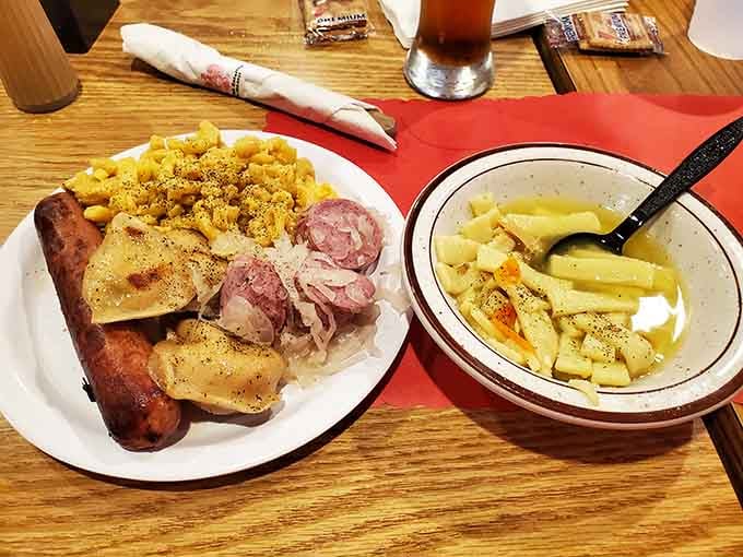 Kielbasa, pierogi, and soup with kluski noodles. This plate is basically a Polish grandmother's greatest hits album.