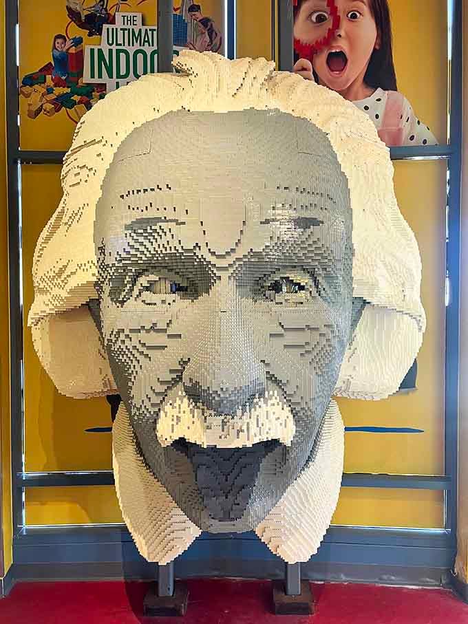 Einstein's wild hair translated into LEGO bricks is somehow both scientifically impressive and wonderfully absurd at once.