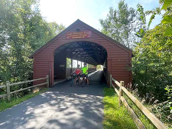 Sometimes the best photo op in Minnesota is a red covered bridge and good company.