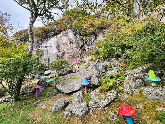 Colorful mushrooms scattered across the rocky hillside. Munchkin Land has never looked this cheerfully unhinged.