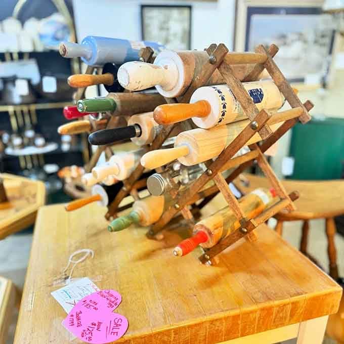 A whole rack of vintage rolling pins, because apparently your grandmother wasn't the only one who had seventeen of them.