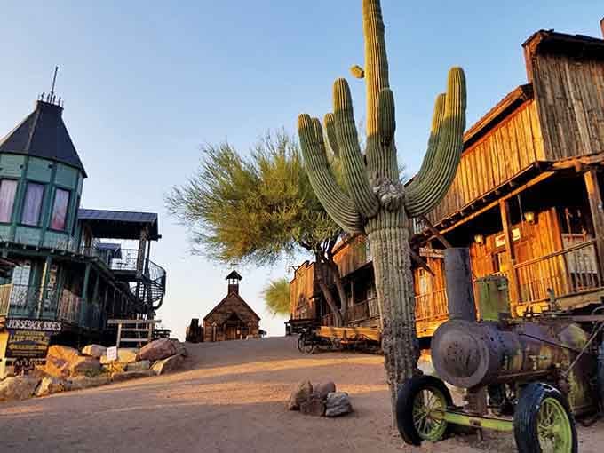 A dusty street, a towering cactus, and wooden buildings that look like they've seen some serious Wild West drama.