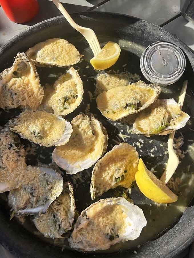 The Rockefeller treatment, spinach, cheese, and rich savory goodness, turns an already great oyster into something genuinely unforgettable.