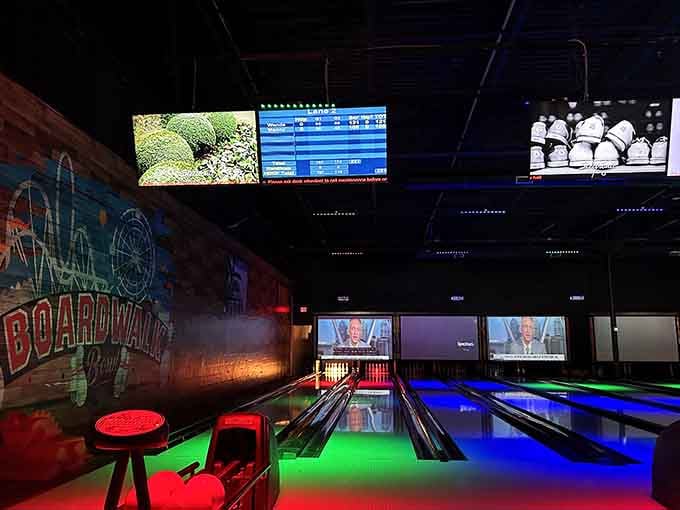 Colorful glow lights, bowling lanes, and a Boardwalk mural make this feel like Atlantic City without the commute.