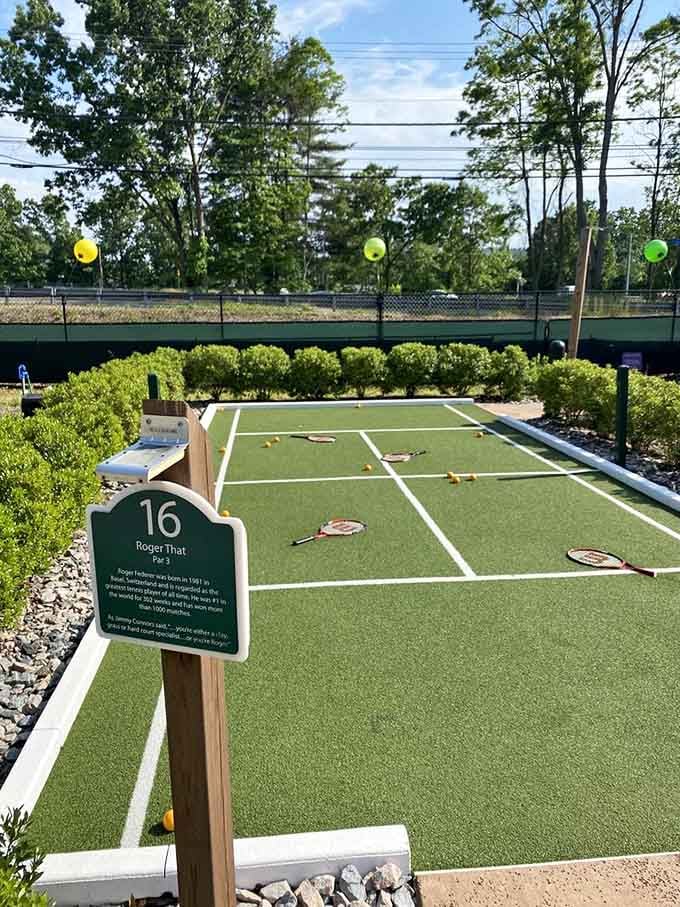Hole 16 is called "Roger That," and yes, it's a tennis court, and yes, Roger Federer would absolutely approve.
