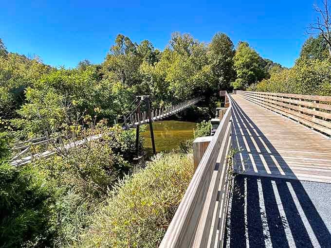 Two bridges side by side, one sturdy and one swinging. The trail gives you options, and both are worth taking.