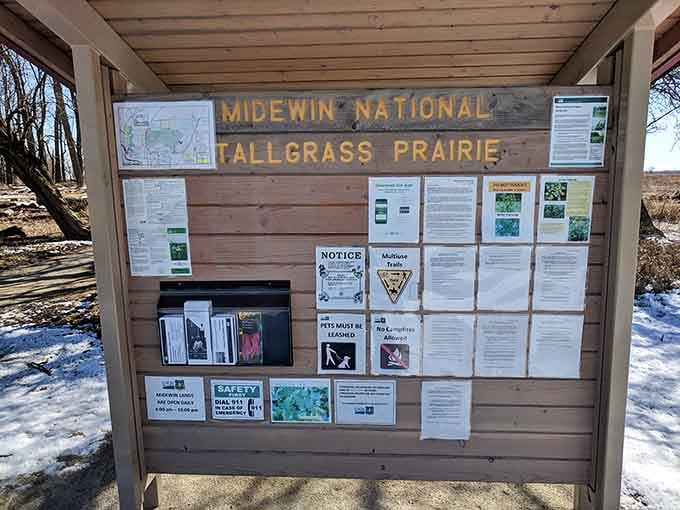 The trailhead kiosk has everything you need to know before stepping into 74 square kilometers of pure Illinois magic.