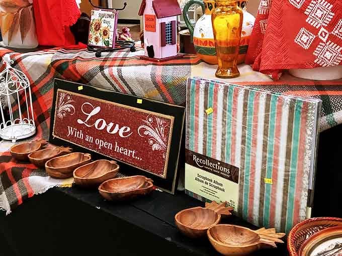 Wooden bowls, decorative signs, and scrapbook albums, proof that one person's clutter is another person's charming home decor.