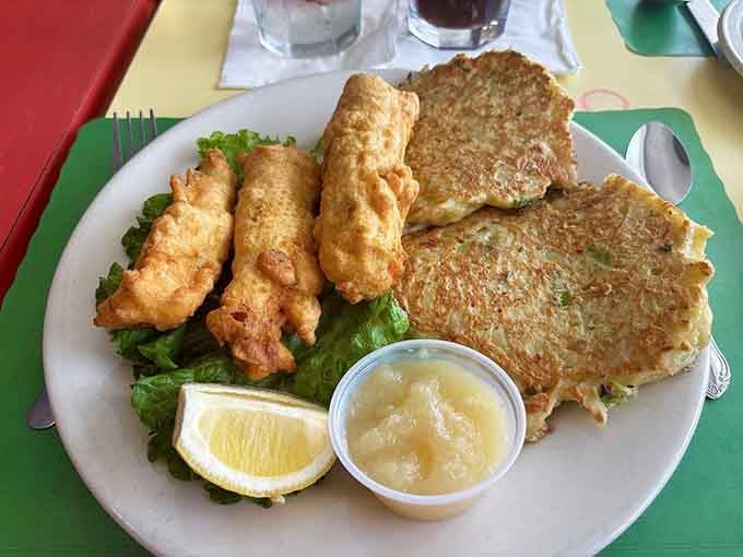 A proper Wisconsin fish fry with potato pancakes and applesauce, because some traditions exist for very, very good reasons.