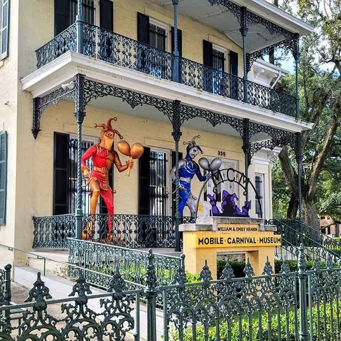 The Mobile Carnival Museum celebrates Mardi Gras history with colorful characters that bring the party spirit to life year-round.