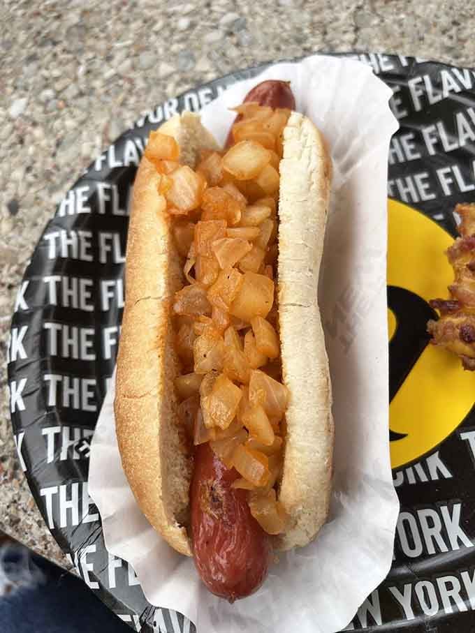 Grilled onions piled high on a natural casing frankfurter. Simple, golden, and completely impossible to improve upon.