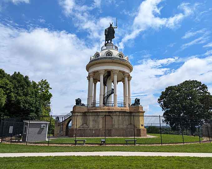 The Hermann Monument stands tall against a brilliant blue sky, looking every bit as dramatic as its German counterpart across the Atlantic.
