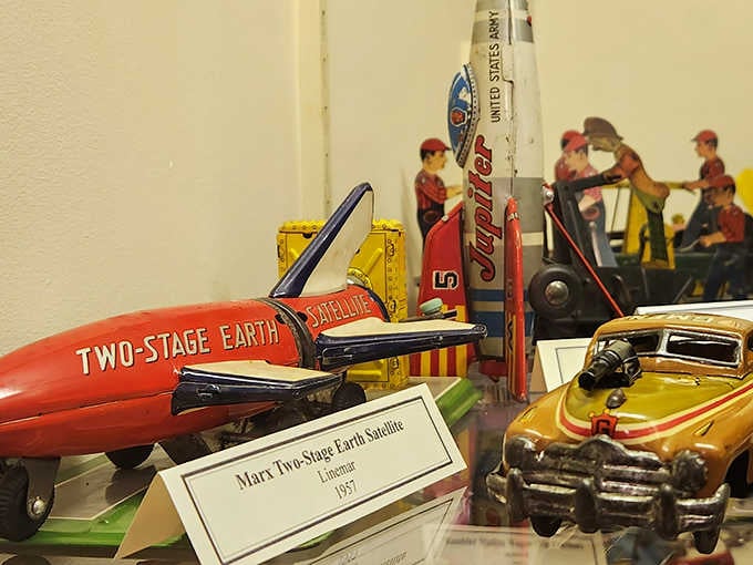 A 1957 Marx Two-Stage Earth Satellite toy, because apparently the Space Race was also fought in living rooms across America.