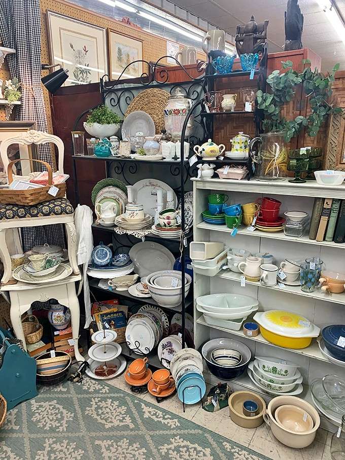 Stacked plates, colorful bowls, and vintage Pyrex all living together in beautiful, glorious chaos.