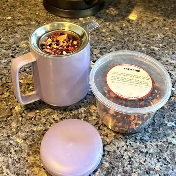 Fred Bird tea in a sturdy container, ready to brew. Missouri pride never tasted so good.