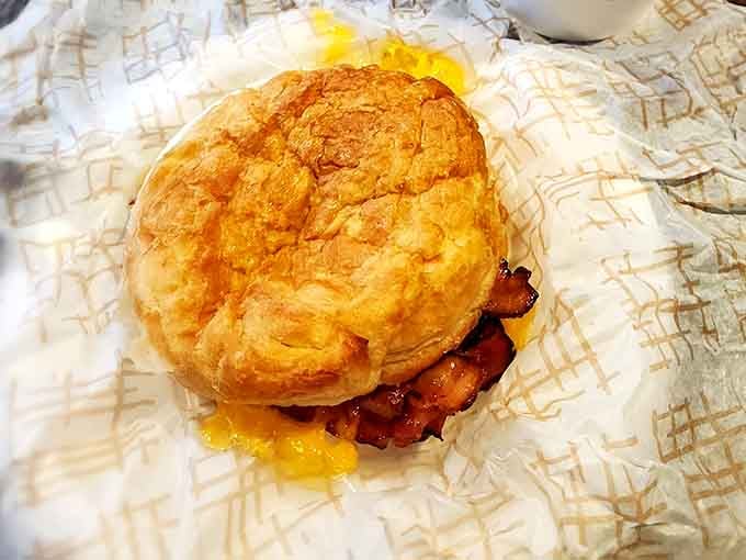 A biscuit sandwich so generously loaded, it practically tucks itself in at the edges.