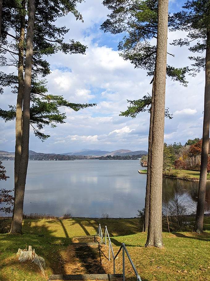 Stone steps lead straight down to the water's edge, as if the lake itself is saying, "Come on in, the view's great."