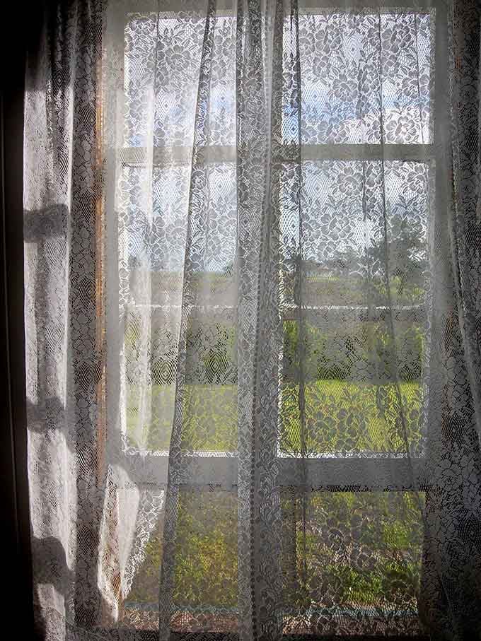 Lace curtains filtering Carolina sunlight through an empty room. Somebody's grandmother clearly had excellent taste.
