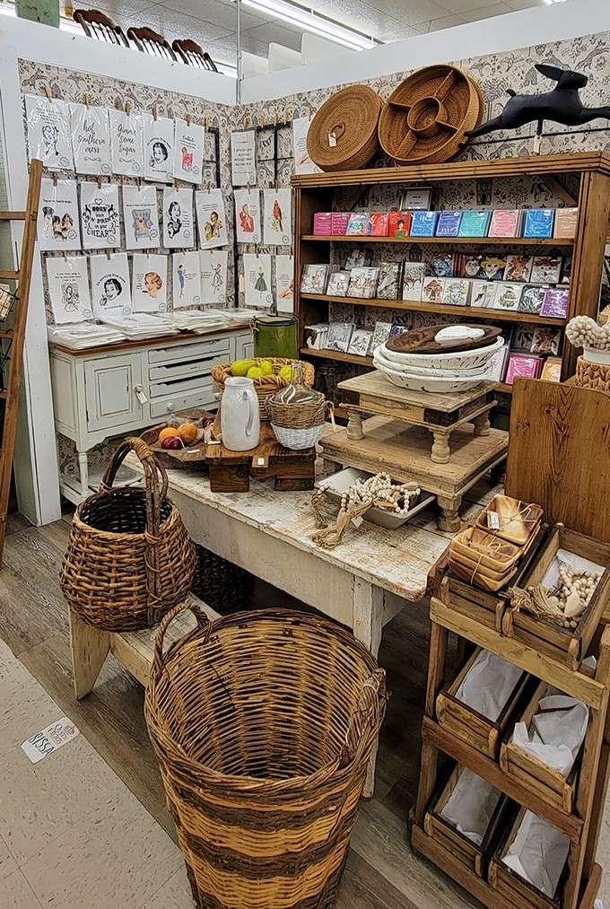 Wicker baskets, greeting cards, and farmhouse charm. This corner is basically a hug you can shop in.