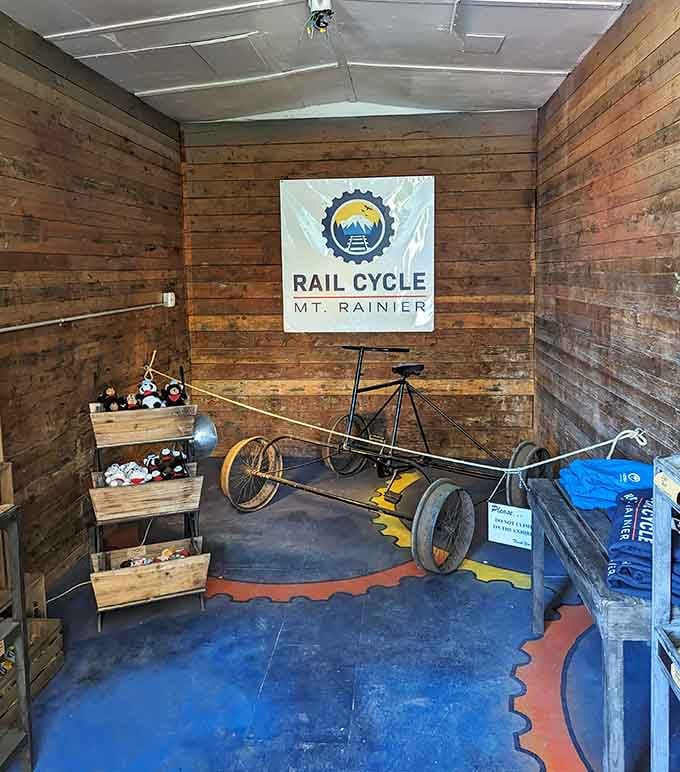 A vintage rail bike on display inside the gift shop, proof that this adventure has some serious old-school roots.