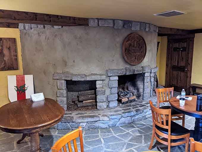 Stone fireplaces that actually work, proving modern comfort and medieval ambiance can absolutely coexist beautifully.