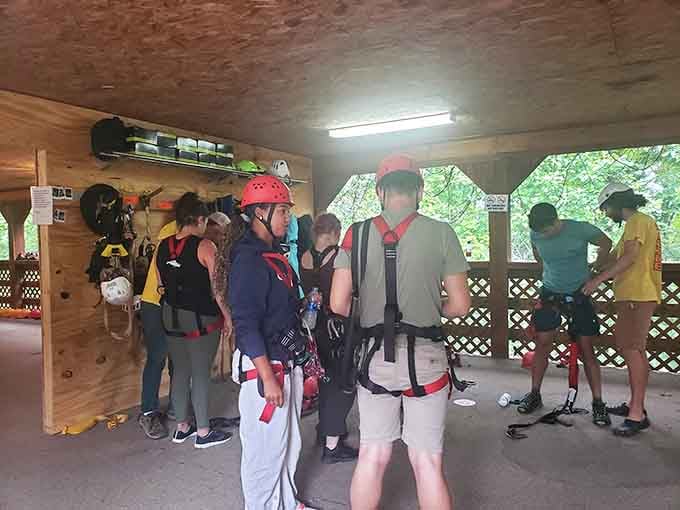 Helmets on, harnesses buckled, and the look of mild panic already setting in. Perfectly normal.