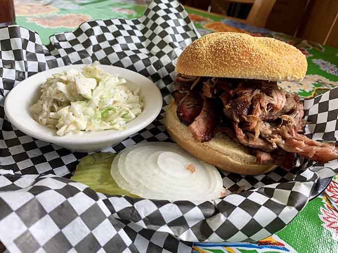 Pulled pork piled high on a sesame bun, with coleslaw on the side, simple, honest, and absolutely perfect.