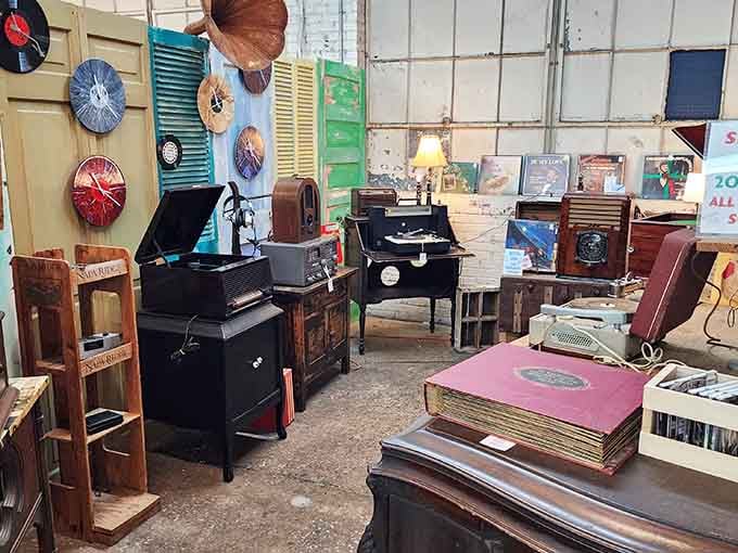 Vintage radios, record players, and gramophones gathered together, like a reunion of every sound that ever made someone stop and listen.