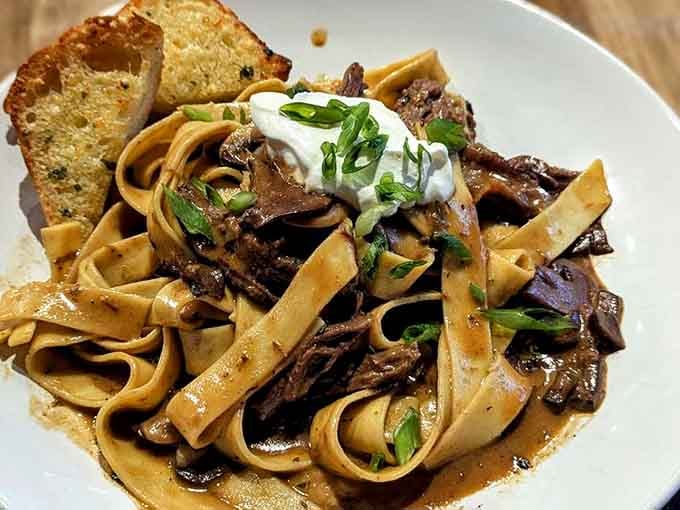 Tender pot roast, wild mushrooms, and silky noodles topped with sour cream. Comfort food dressed in its Sunday best.