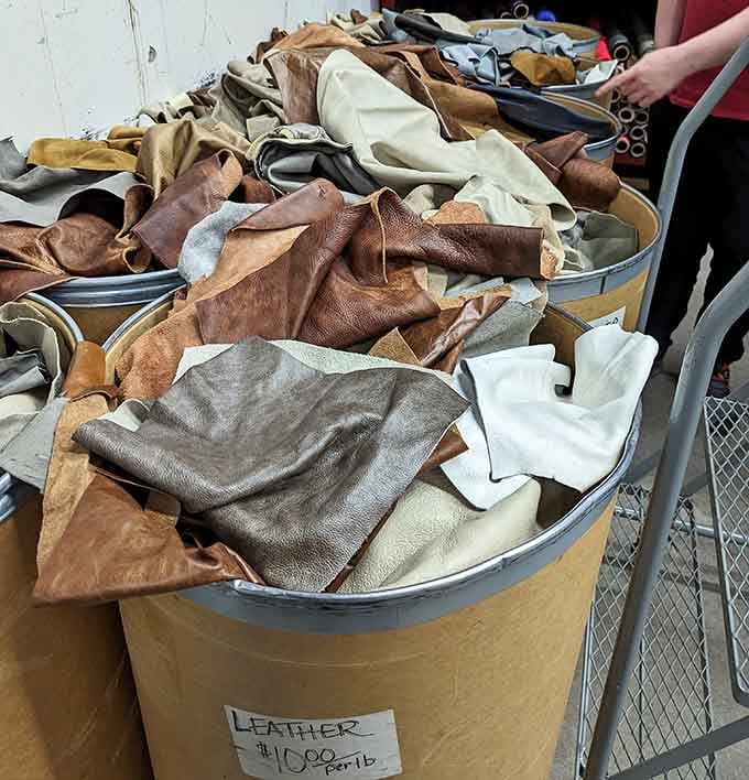 Big barrels of leather pieces waiting to become something wonderful, because great projects start with great materials.
