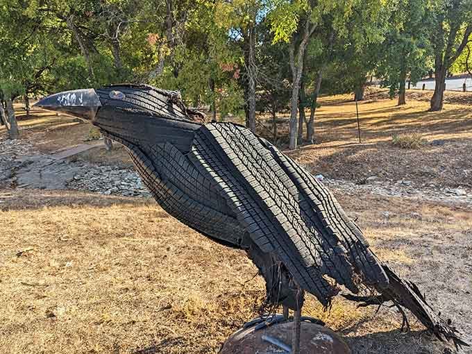 Someone built a bird from old tires in Salado's Sculpture Garden, and honestly, it's magnificent and slightly intimidating.