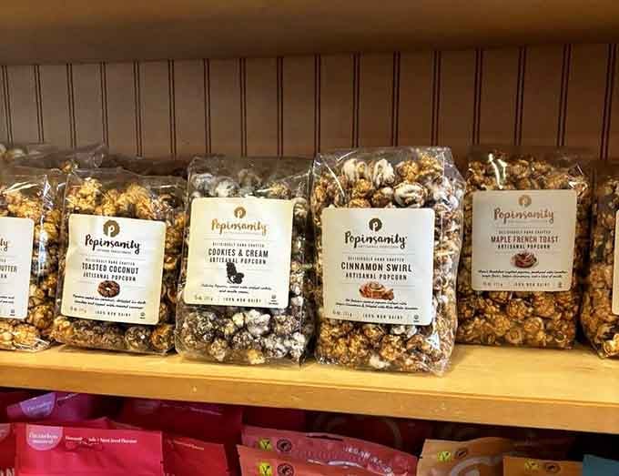 Popinsanity artisanal popcorn in flavors like Cinnamon Swirl and Maple French Toast, because regular popcorn simply wasn't ambitious enough.