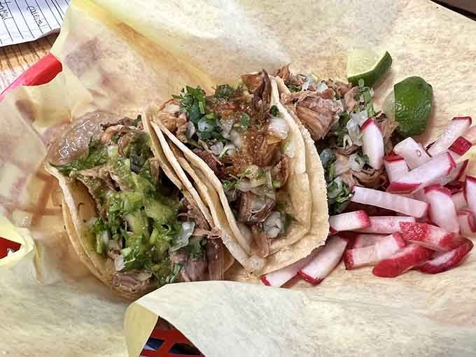 Carnitas tacos piled high with tender pulled pork, fresh salsa verde, and sliced radishes. Mexico City would nod in quiet approval.