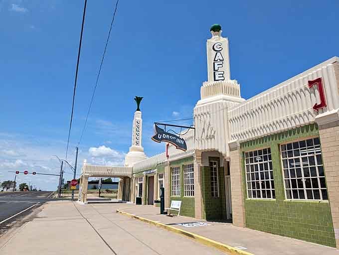 The legendary U-Drop Inn Cafe, the actual building that inspired Disney's "Cars," looks even more magical against that Texas blue sky.