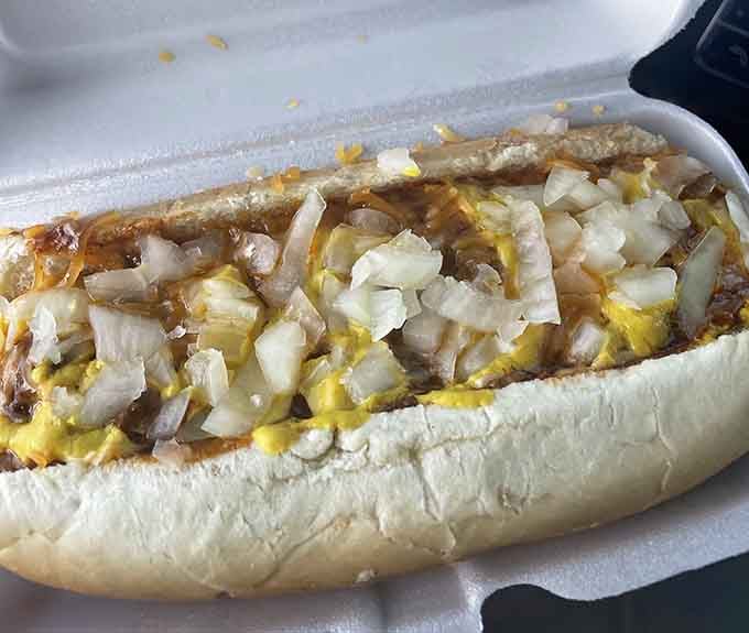 Chili, mustard, cheese, and diced onions piled high on a beef dog. Napkins are not optional here.